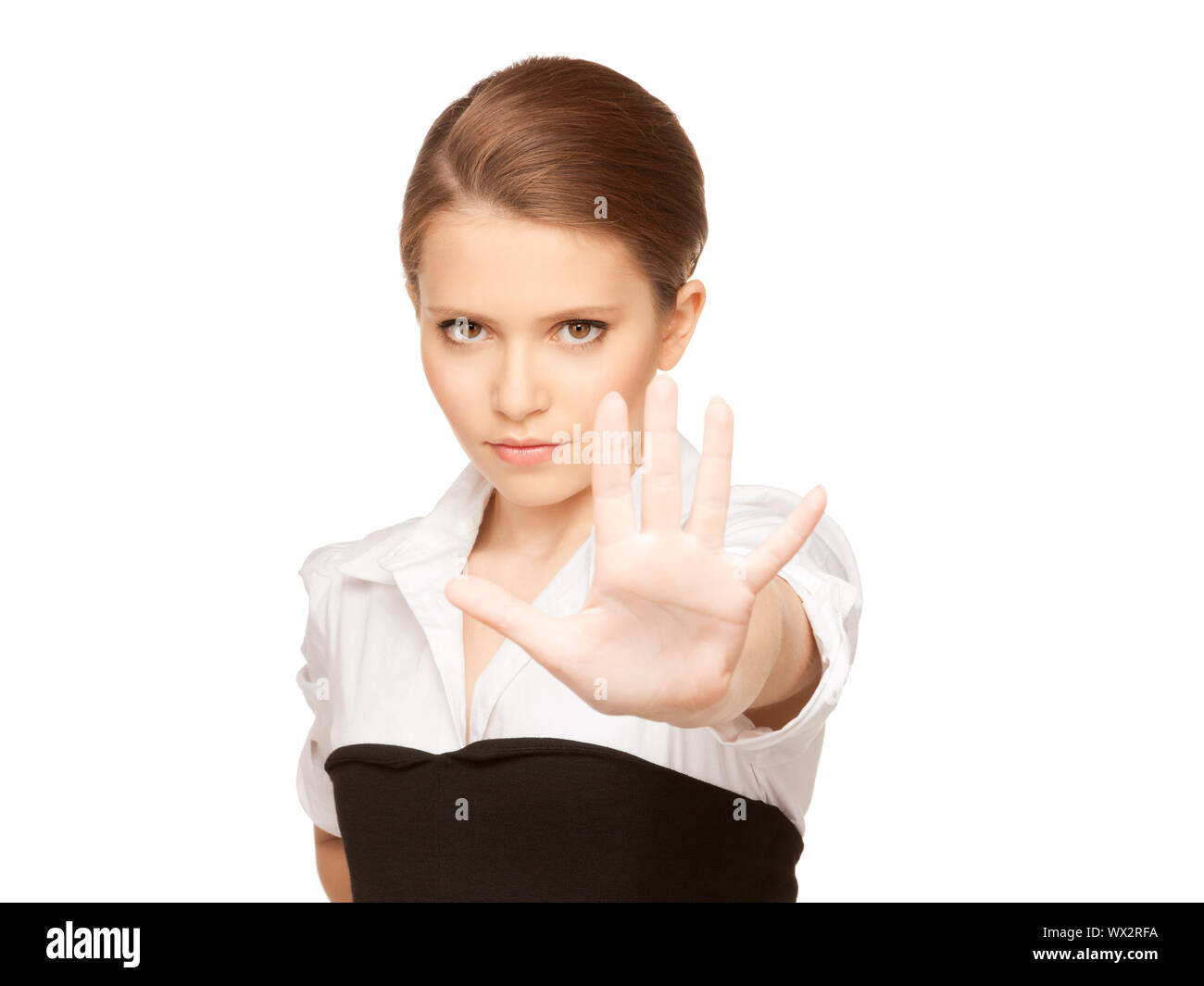 bright picture of young woman making stop gesture Stock Photo - Alamy