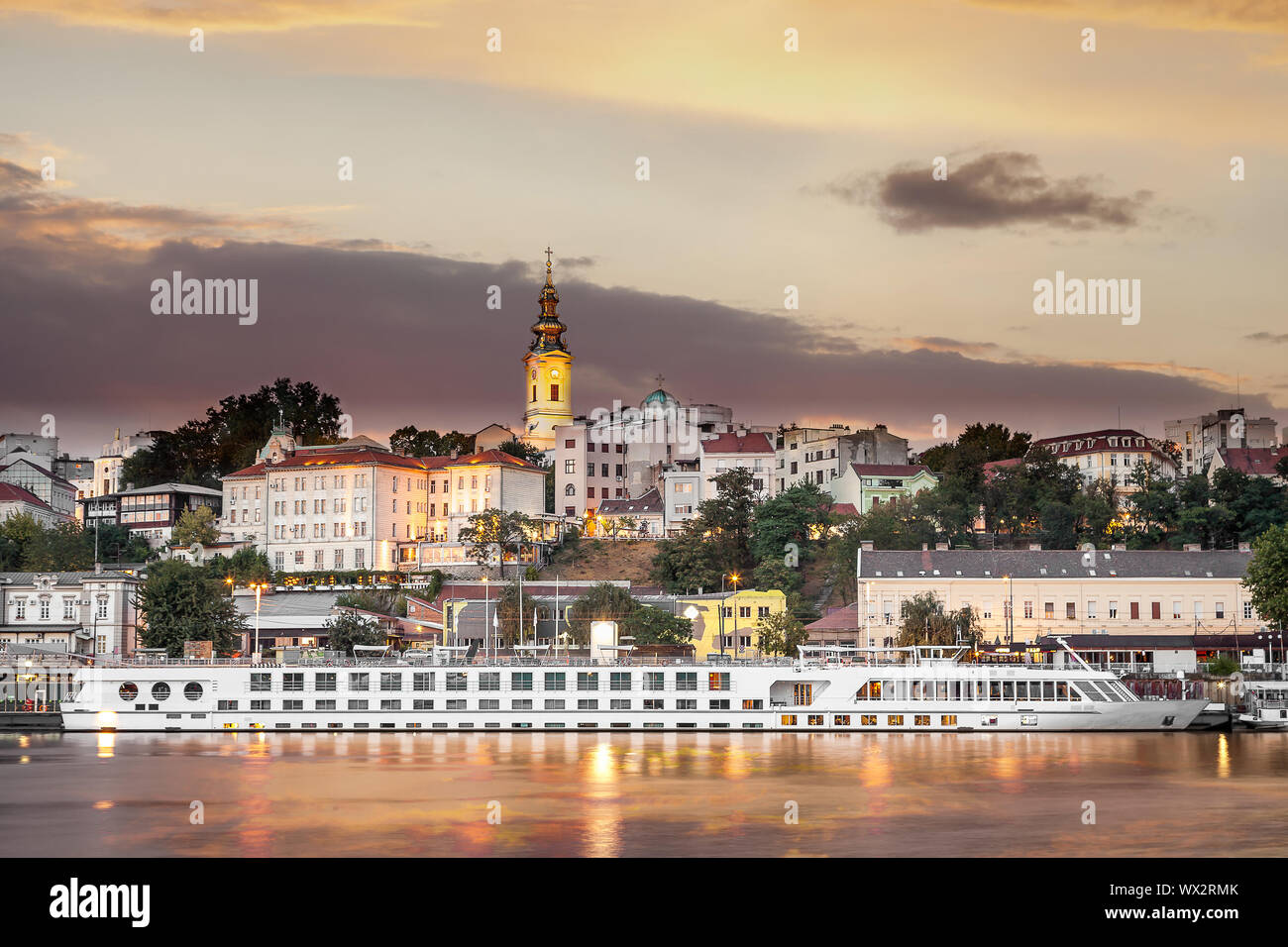 Golden hour view of Belgrade riverfront with Sava river in the ...
