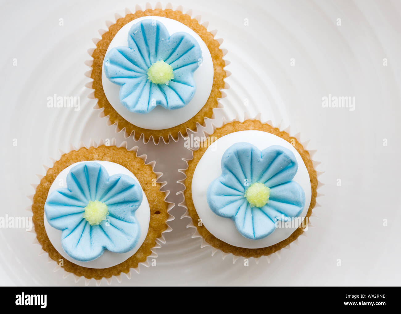 Three cupcakes decorated with blue sugar flowers Stock Photo - Alamy
