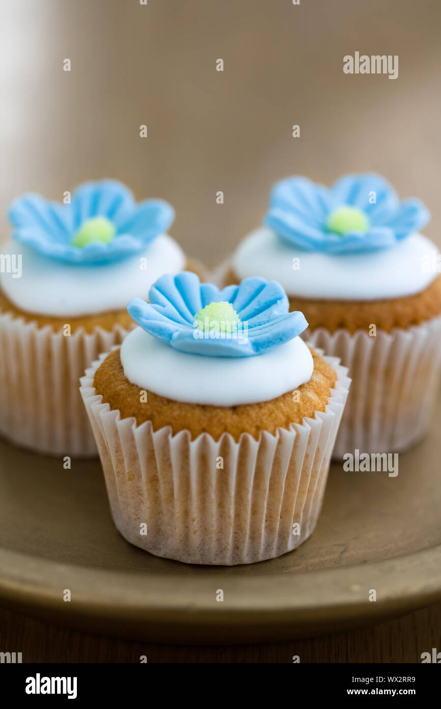 Mini cupcakes decorated with blue sugar flowers Stock Photo - Alamy