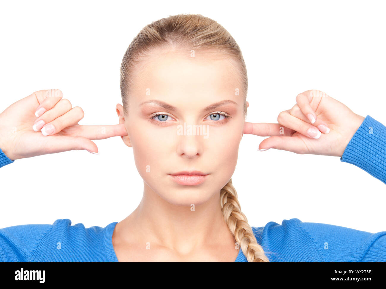 picture of woman with fingers in ears Stock Photo - Alamy