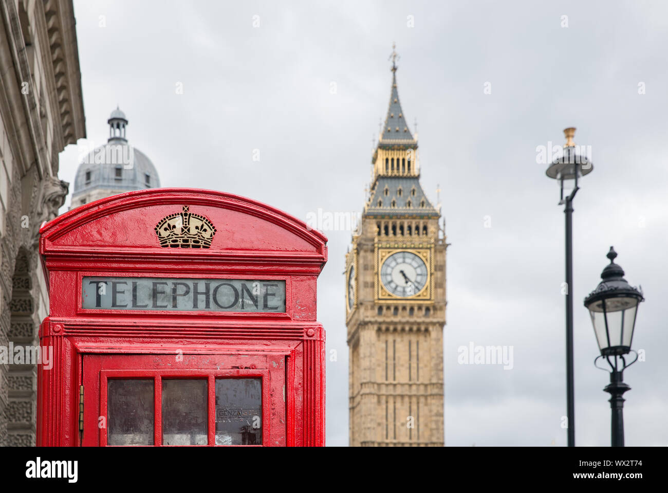 Red call box at Parliament square near Big Ben in London Stock Photo ...