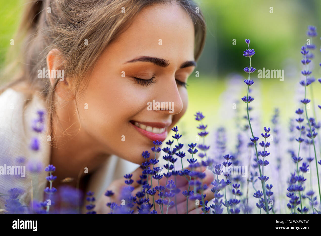 Woman smelling lavender garden hi-res stock photography and images - Alamy