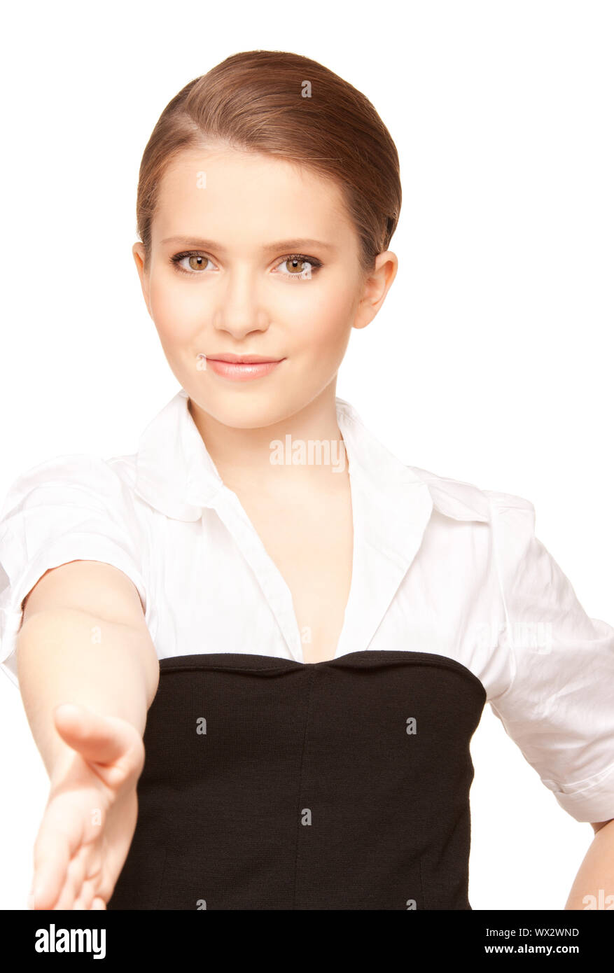 lovely woman with an open hand ready for handshake Stock Photo - Alamy