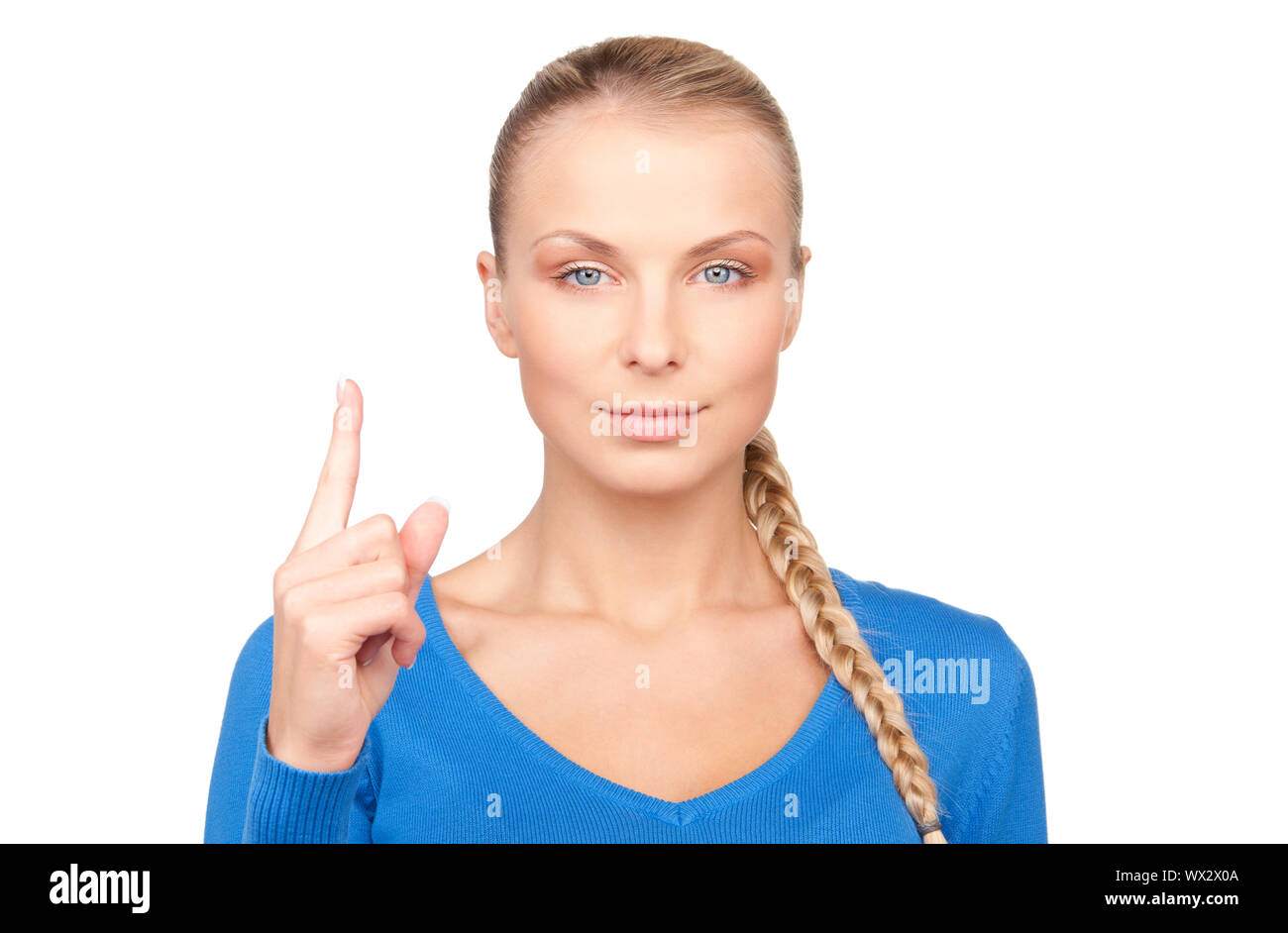 picture of attractive young woman with her finger up Stock Photo - Alamy