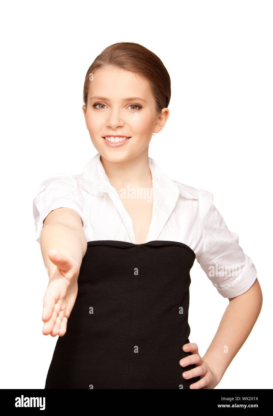 lovely woman with an open hand ready for handshake Stock Photo - Alamy