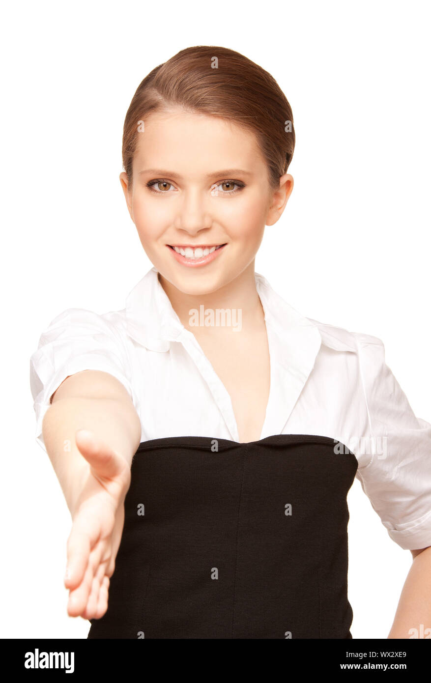 lovely woman with an open hand ready for handshake Stock Photo - Alamy