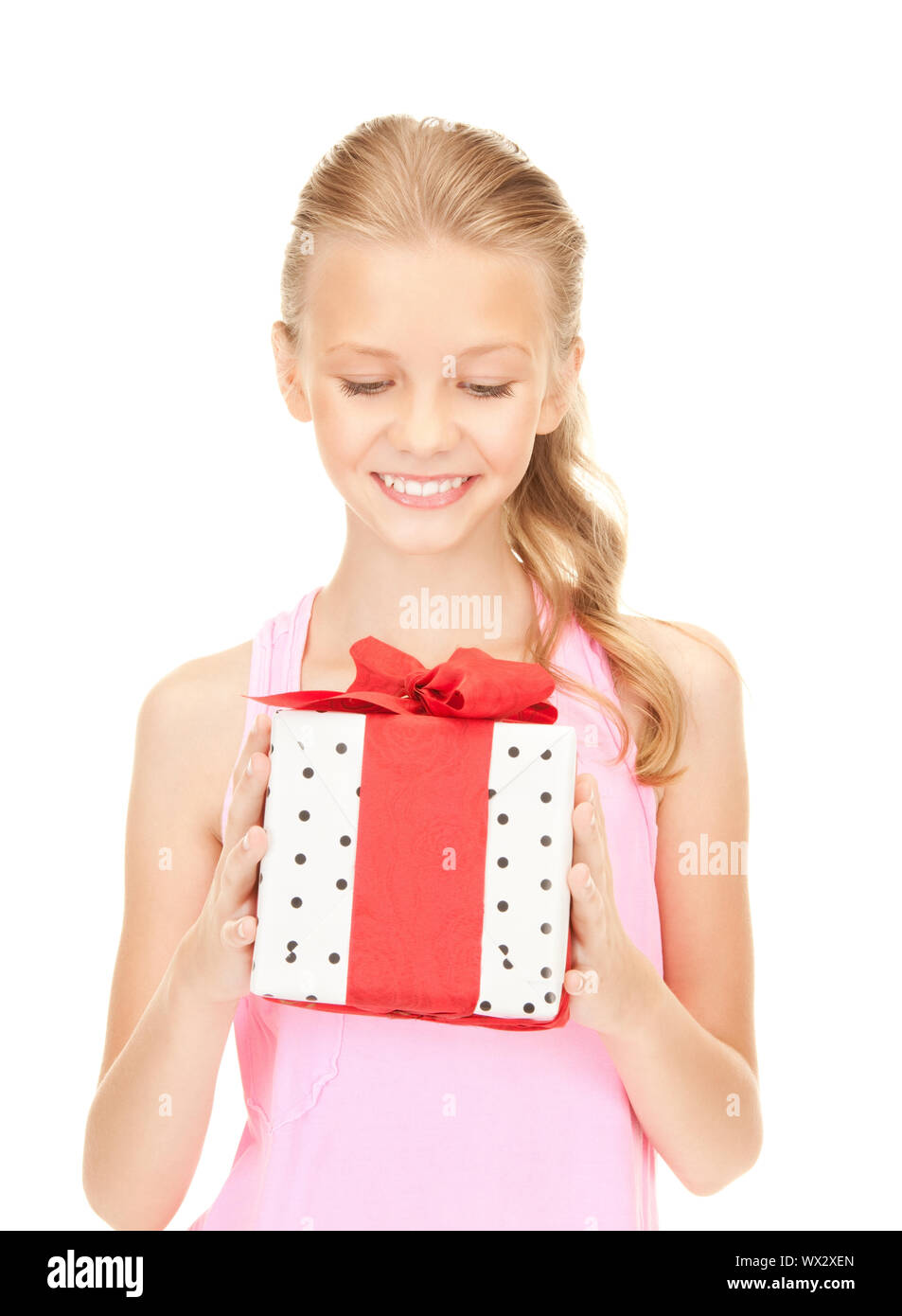 happy girl with gift box over white Stock Photo - Alamy