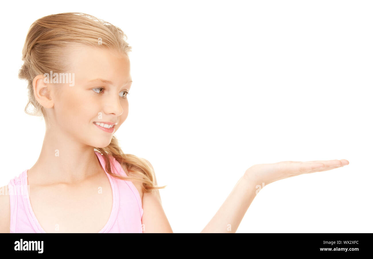 lovely girl holding something on the palm of her hand Stock Photo - Alamy