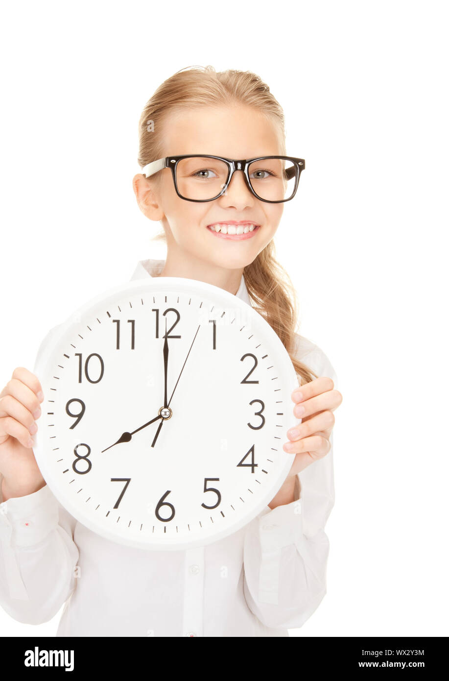girl holding big clock Stock Photo - Alamy