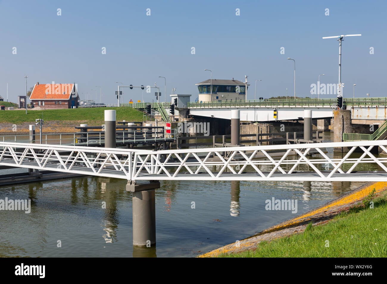 Bridge and sluice in Afsluitdijk near Kornwerderzand in the Netherlands ...