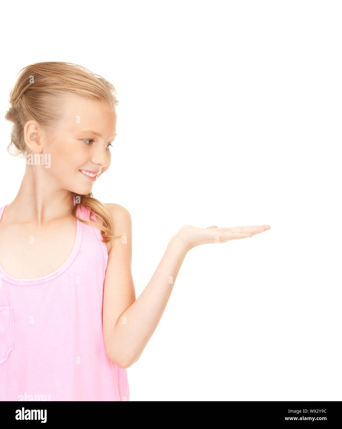 lovely girl holding something on the palm of her hand Stock Photo - Alamy