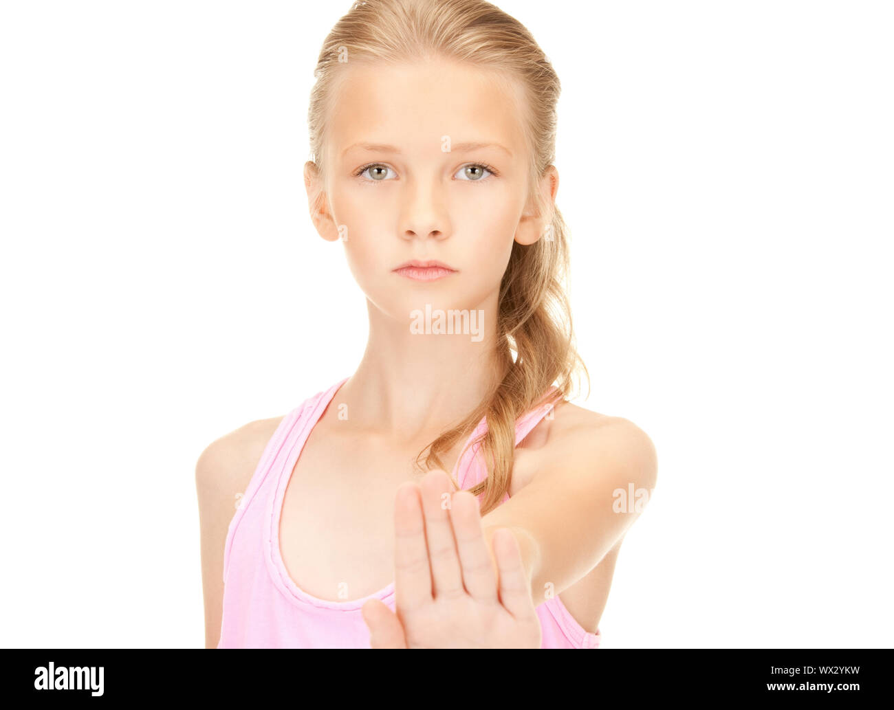 bright picture of lovely girl showing stop sign Stock Photo - Alamy