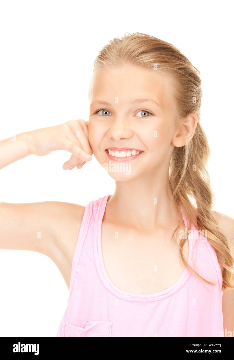 picture of pretty girl making a call me gesture Stock Photo - Alamy
