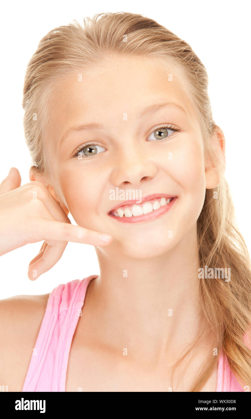 picture of pretty girl making a call me gesture Stock Photo - Alamy
