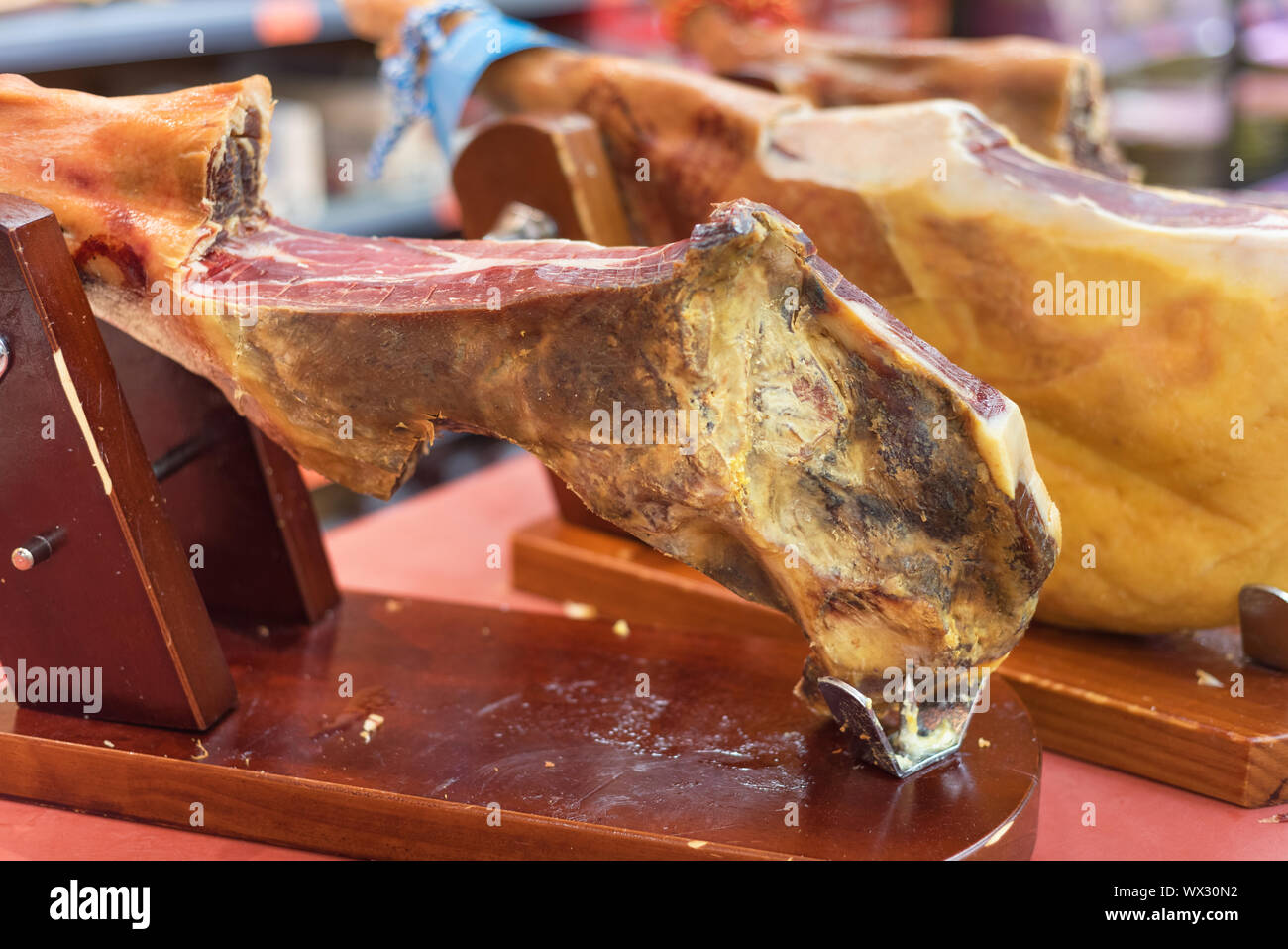 Spanish Ham. Jamon Serrano in ham holder Stock Photo - Alamy