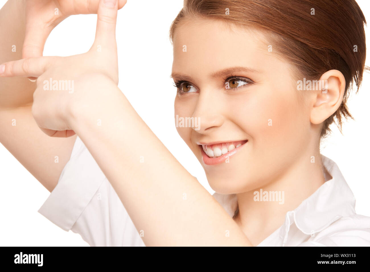 lovely woman creating a frame with fingers Stock Photo - Alamy