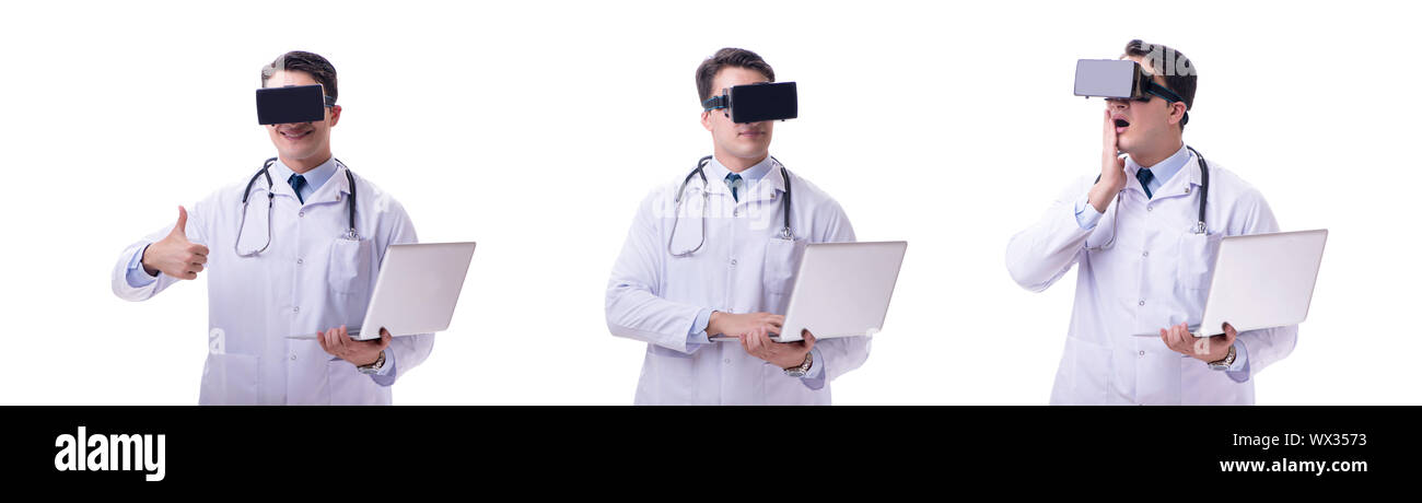 Doctor wearing a vr virtual reality headset isolated on white ba Stock ...