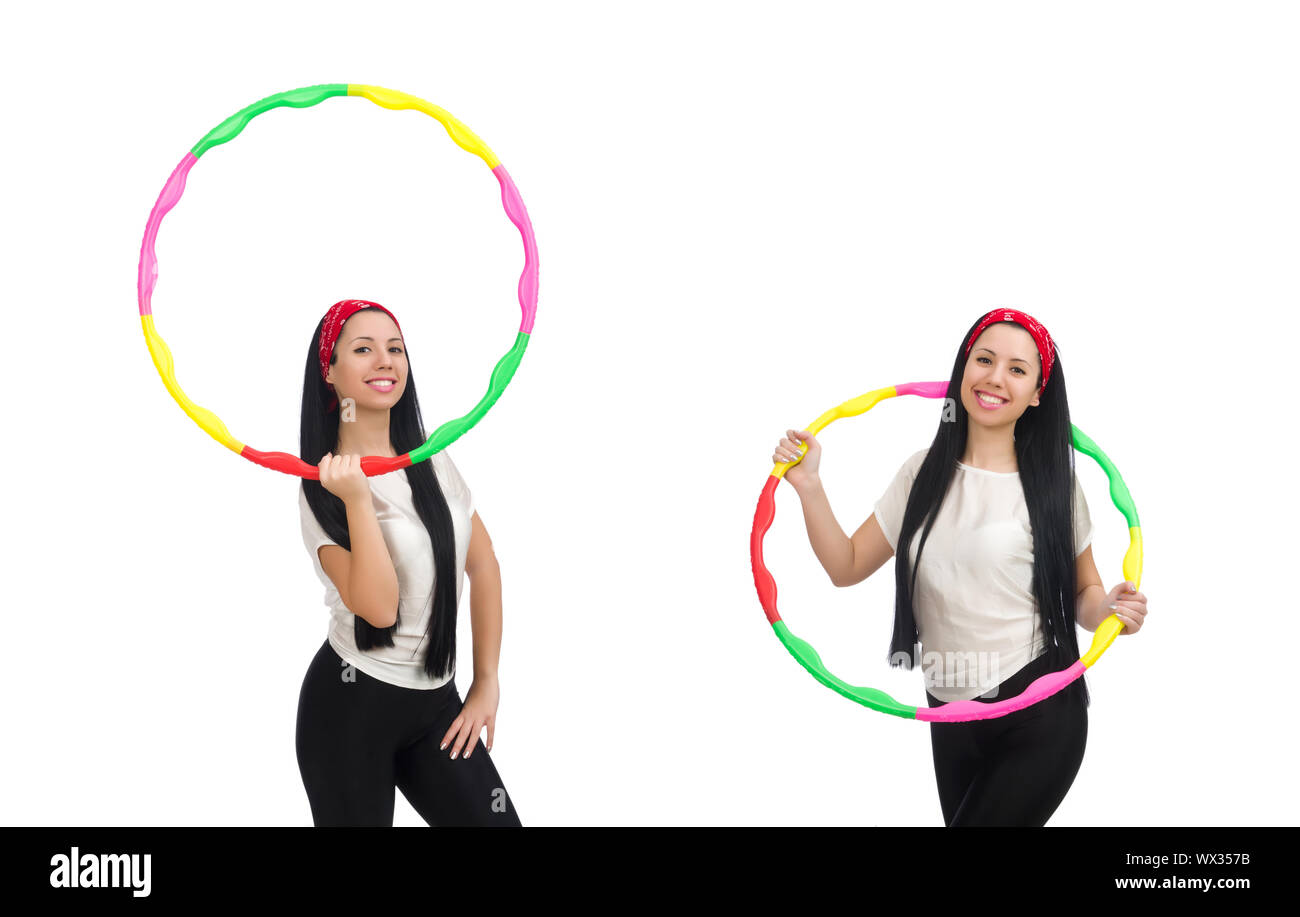 A girl in sport suit with hula hoop isolated on white Stock Photo - Alamy