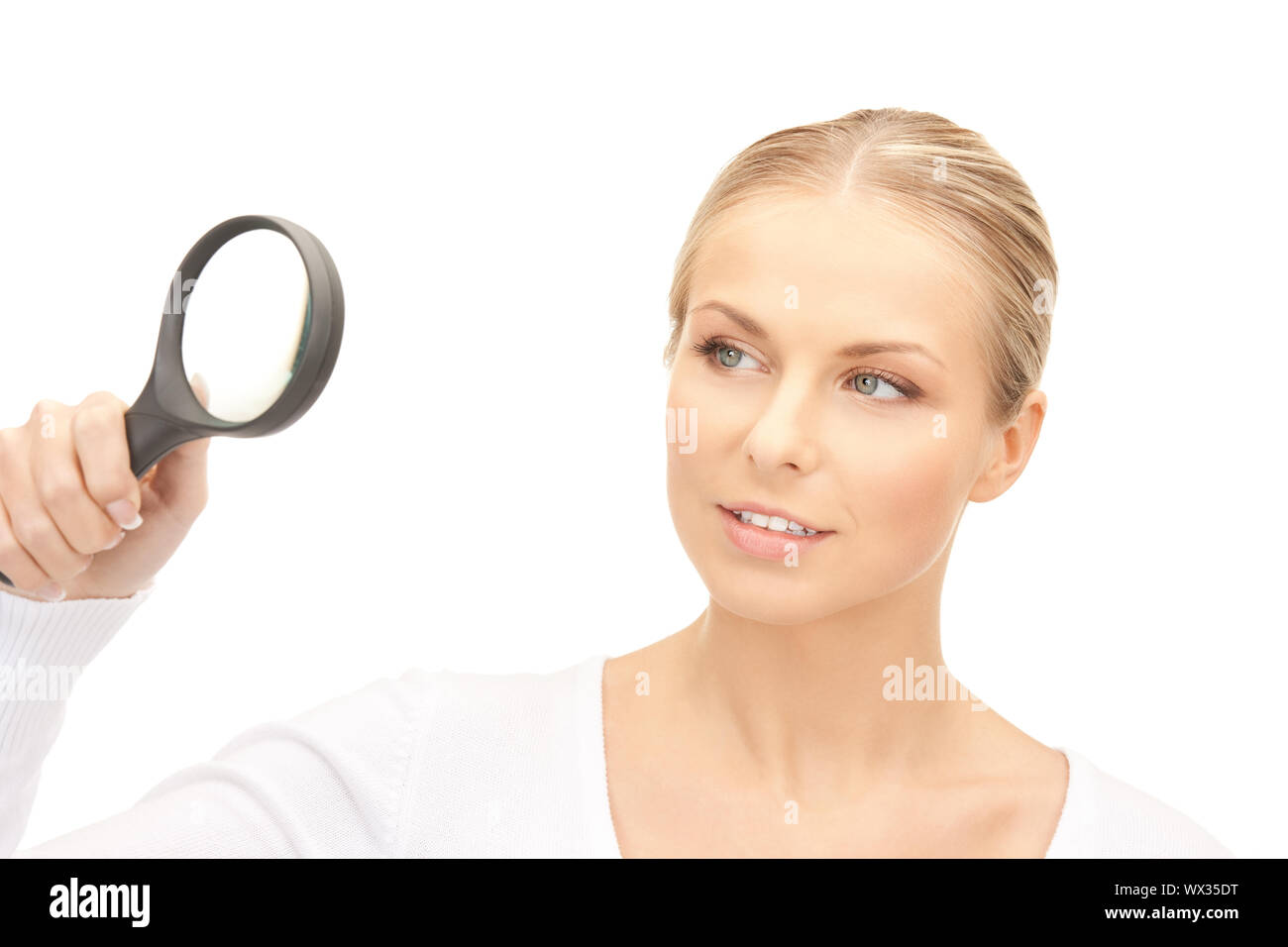 woman with magnifying glass Stock Photo - Alamy