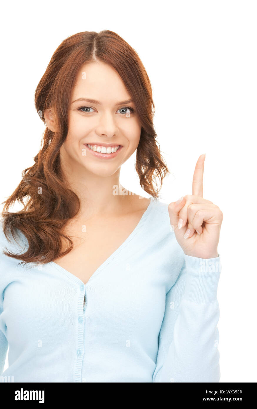 picture of attractive young woman with her finger up Stock Photo - Alamy