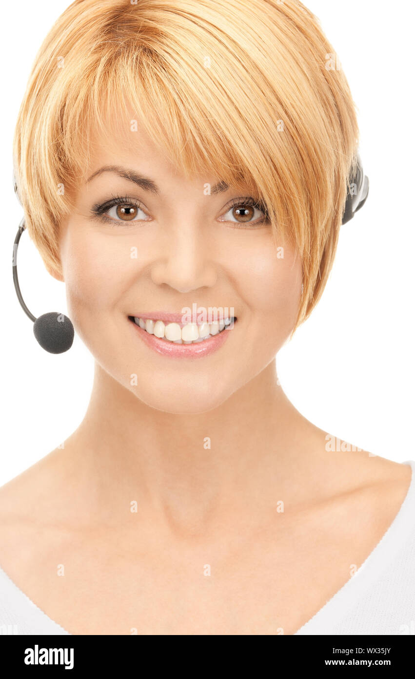 bright picture of friendly female helpline operator Stock Photo - Alamy