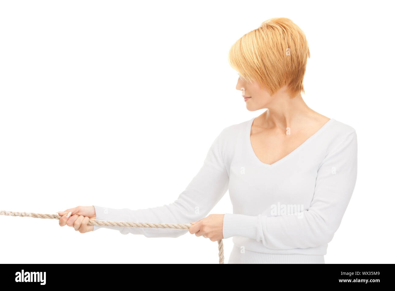 bright picture of business woman pulling rope Stock Photo - Alamy