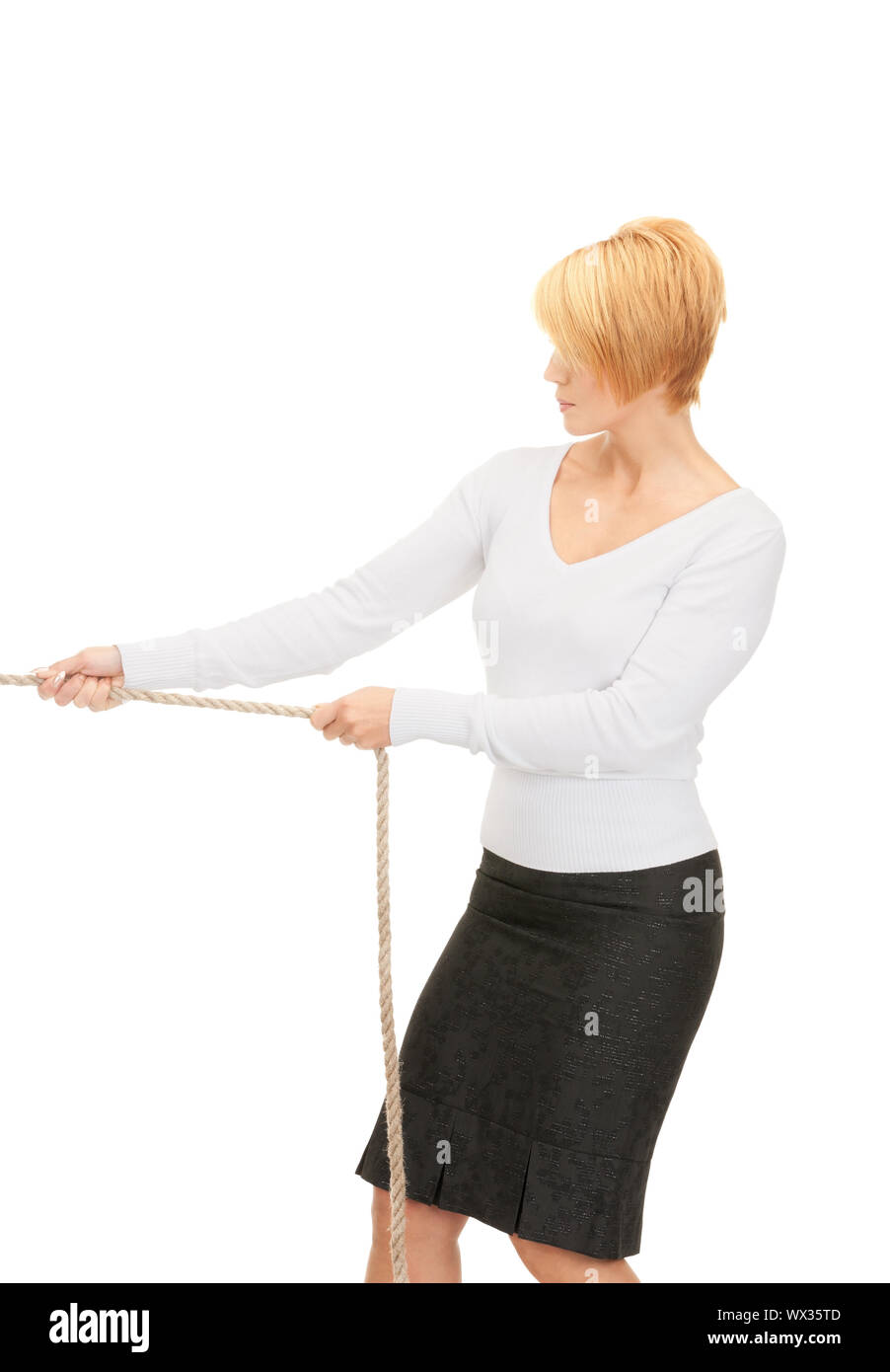 bright picture of business woman pulling rope Stock Photo - Alamy