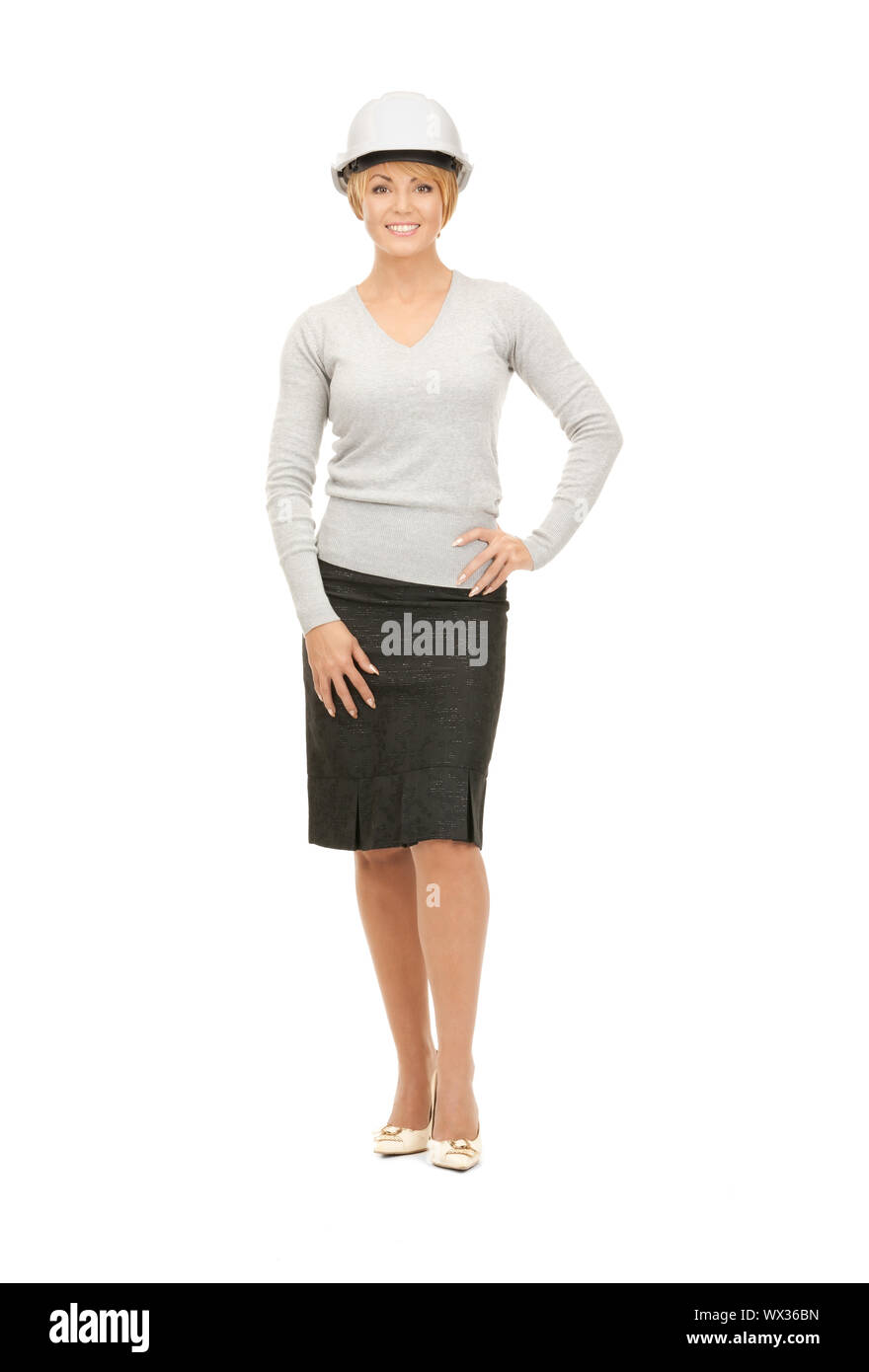 bright picture of female contractor in helmet over white Stock Photo ...