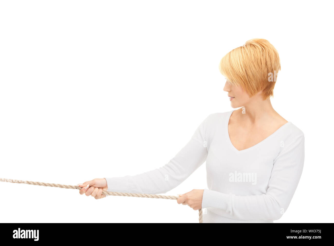 bright picture of business woman pulling rope Stock Photo - Alamy