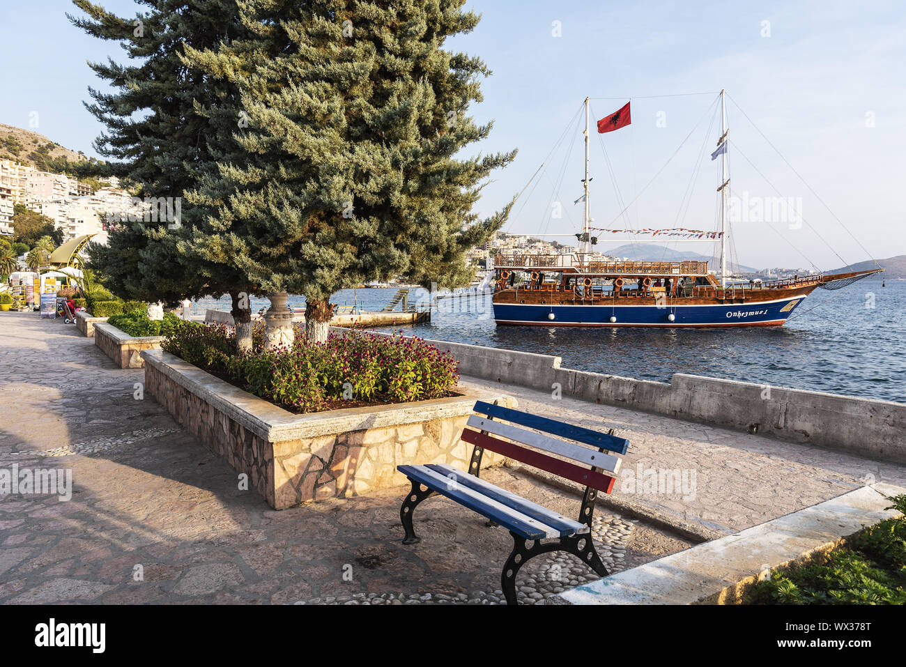 park bench, waterside promenade, Saranda, Albania, Europe Stock Photo ...