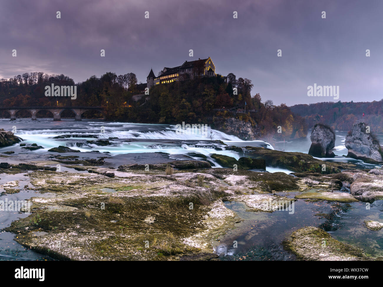 evening light panorama landscape of the Rhine Falls and Laufen castle ...