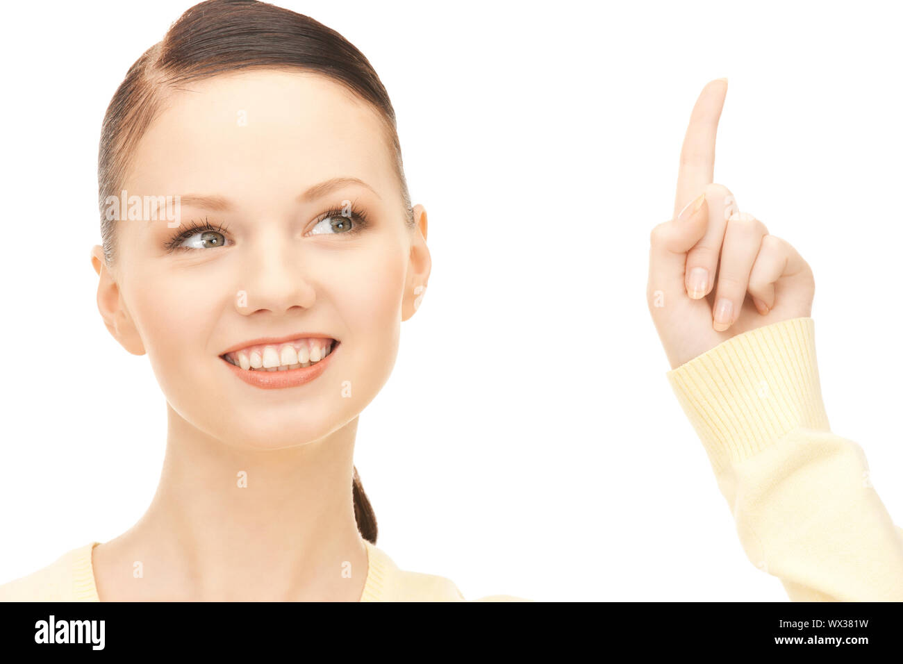 picture of attractive young woman with her finger up Stock Photo - Alamy