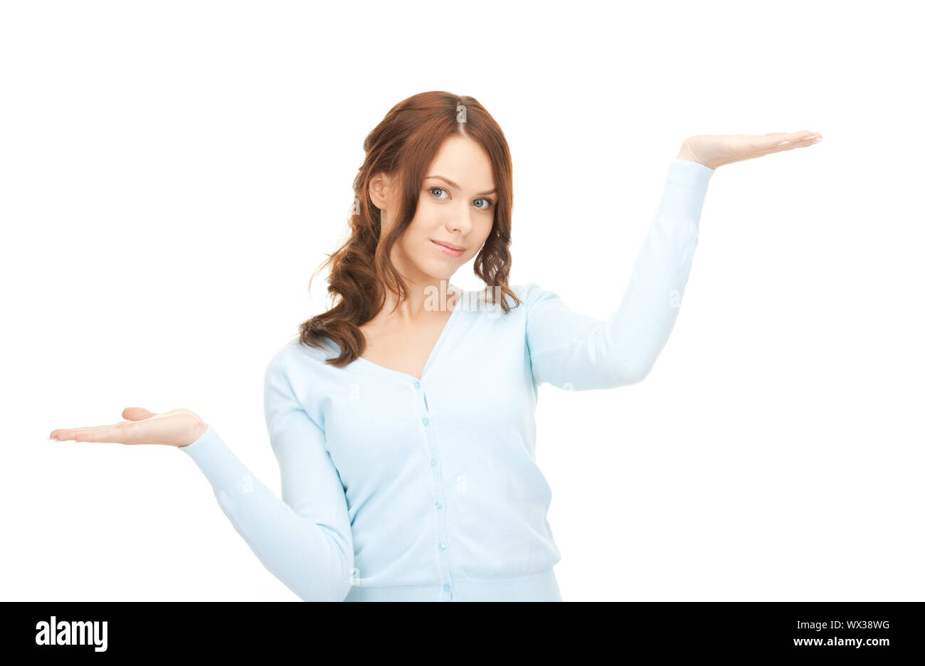 beautiful woman showing something on the palms of her hands Stock Photo ...