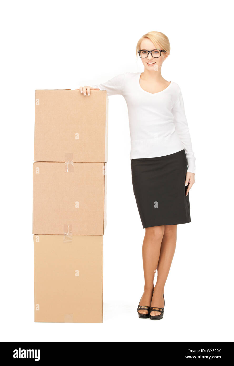 attractive businesswoman with big boxes Stock Photo - Alamy