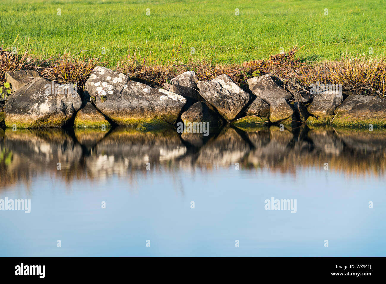 horizontal view of a river canal with deep blue water and a rocky edge ...