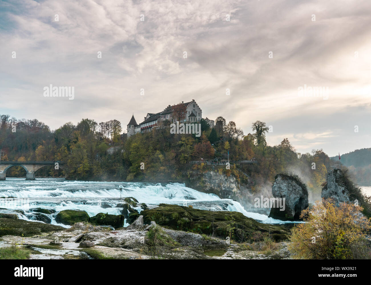 evening light panorama landscape of the Rhine Falls and Laufen castle ...