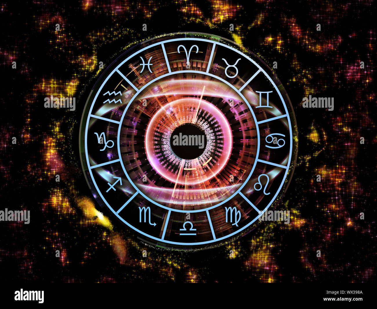 Arrangement of Zodiac symbols, eye graphic and abstract design elements ...