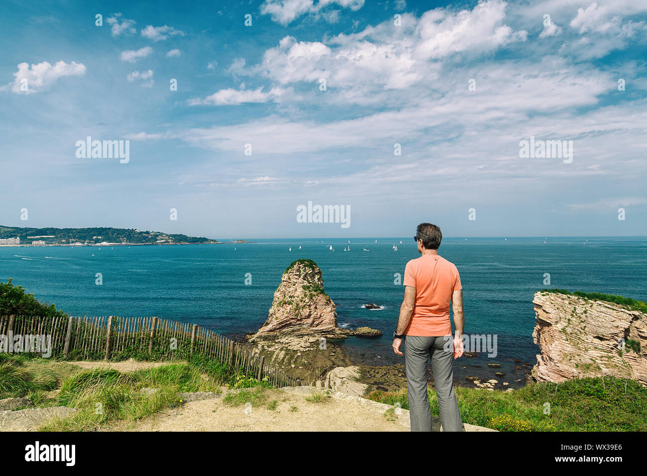 Man enjoying the landscape on the French Basque coast - France Stock ...