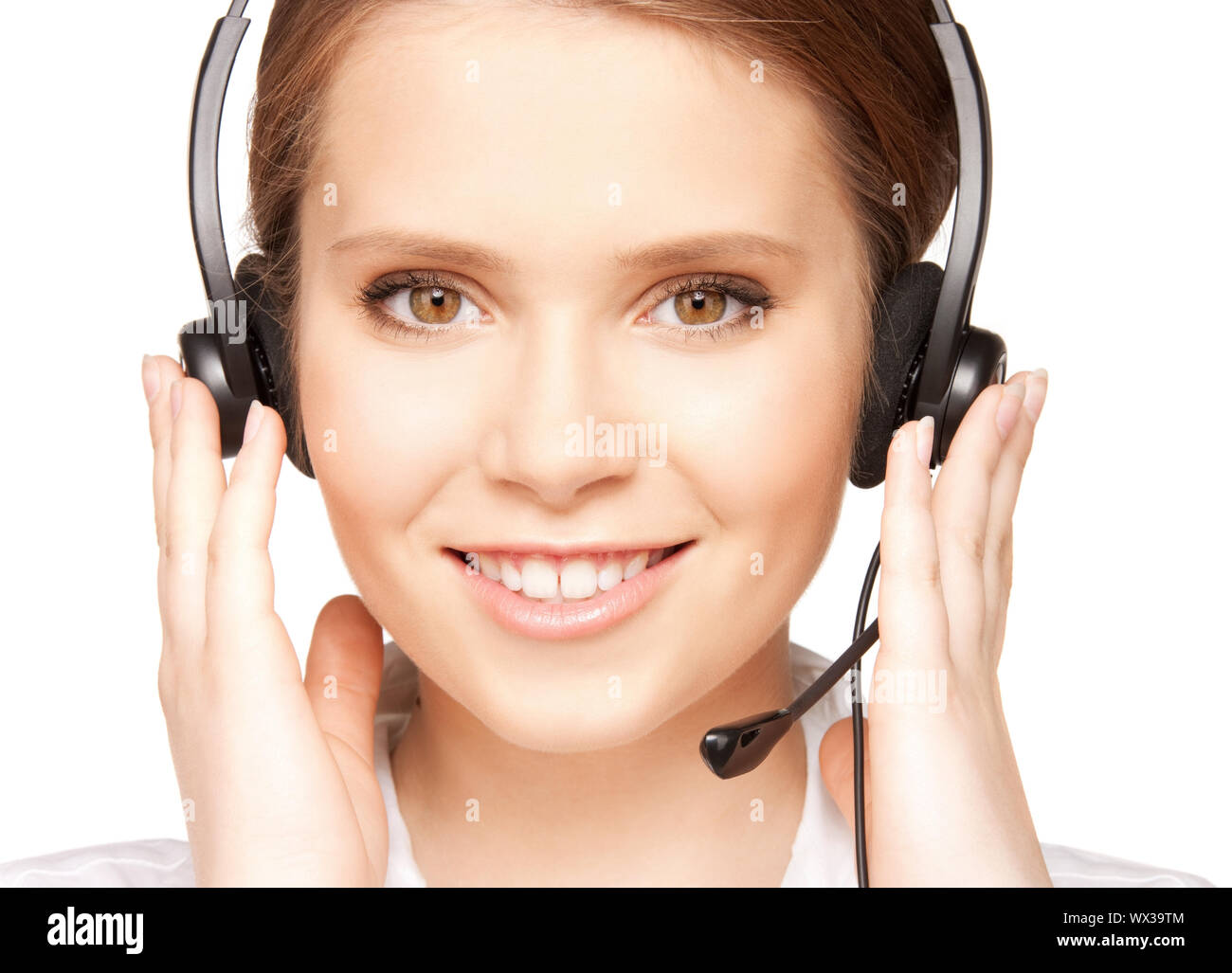 bright picture of friendly female helpline operator Stock Photo - Alamy