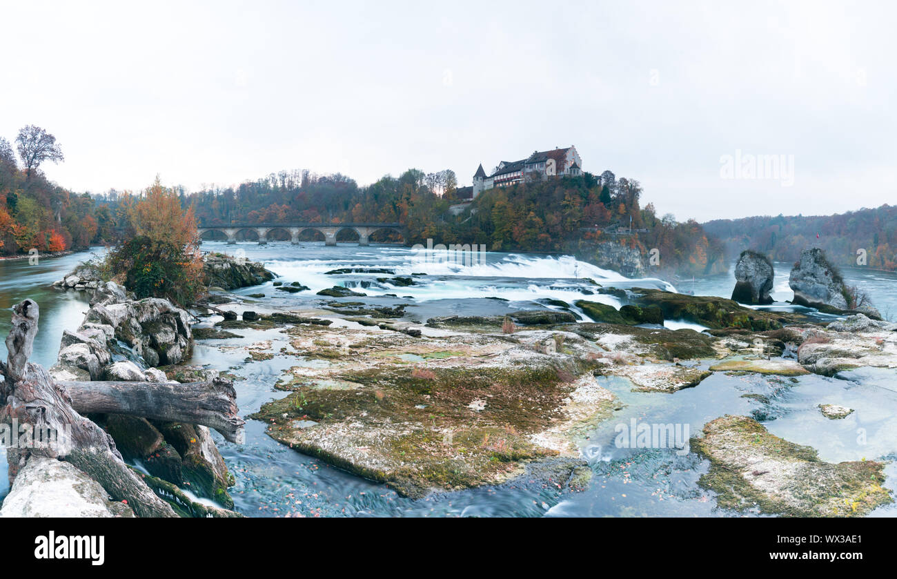 evening light panorama landscape of the Rhine Falls and Laufen castle ...