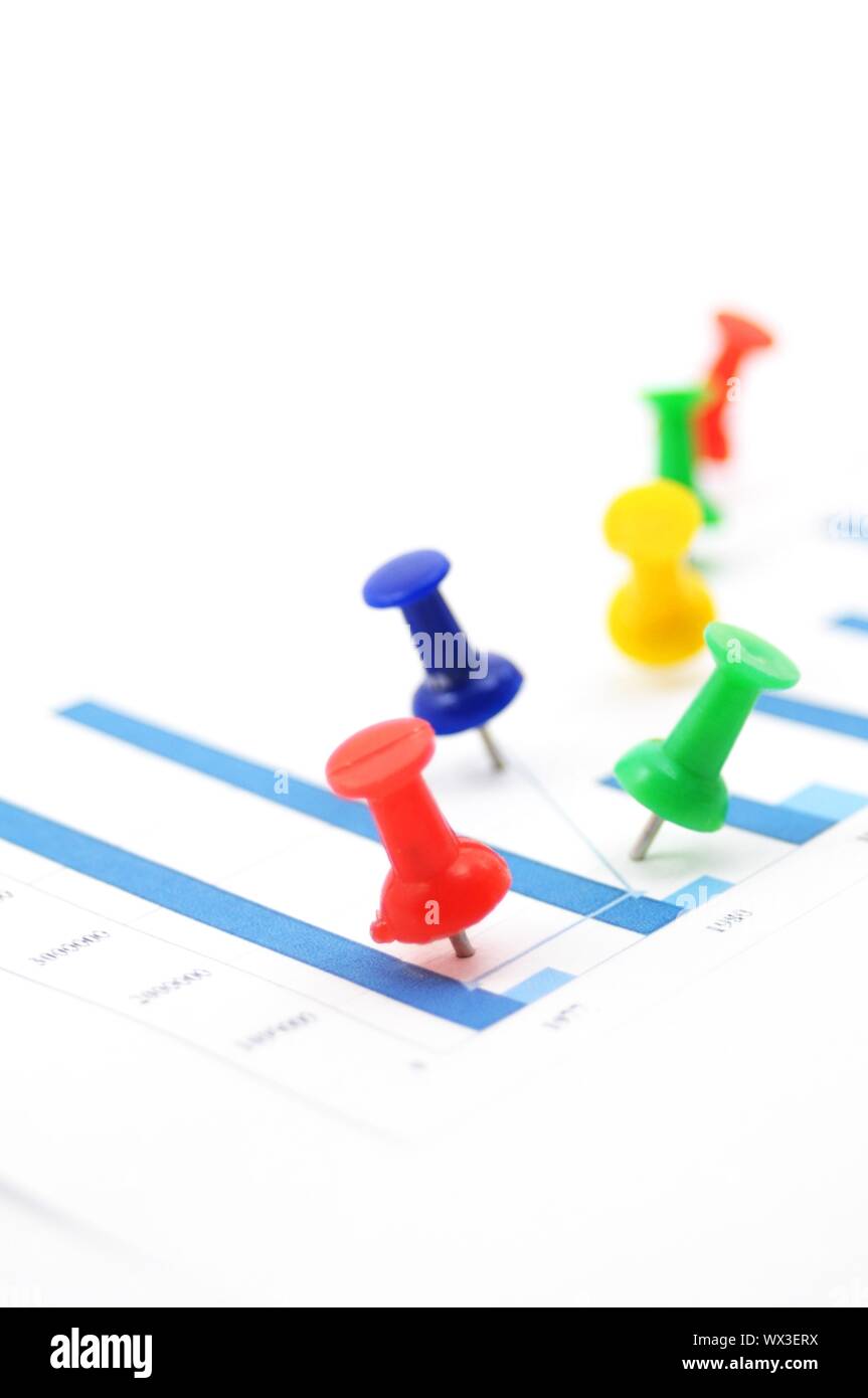 statistical business data and push pin showing growth Stock Photo - Alamy
