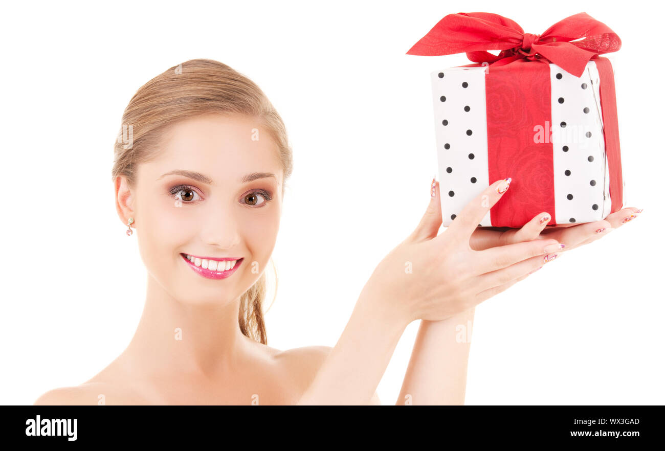 happy girl with gift box over white Stock Photo - Alamy