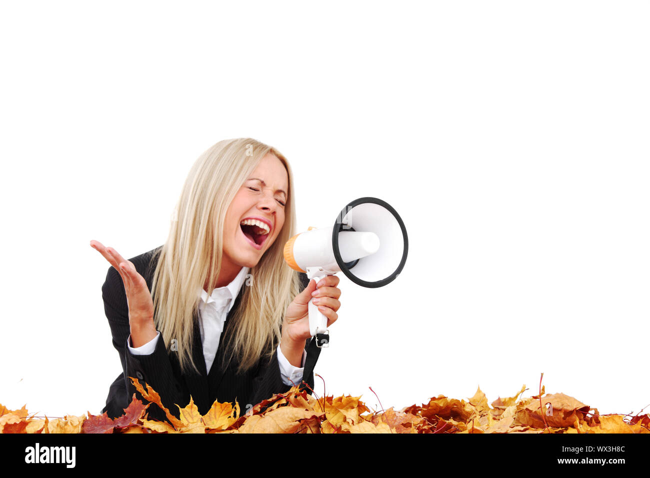 autumn businesswoman with megaphone studio isolated in studio Stock ...
