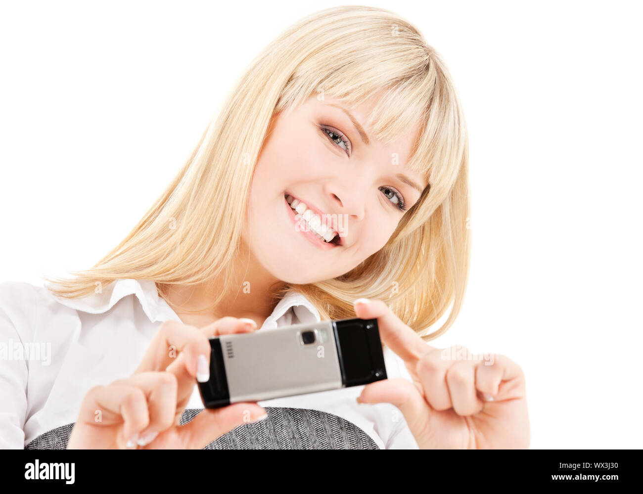 picture of happy woman using phone camera Stock Photo - Alamy