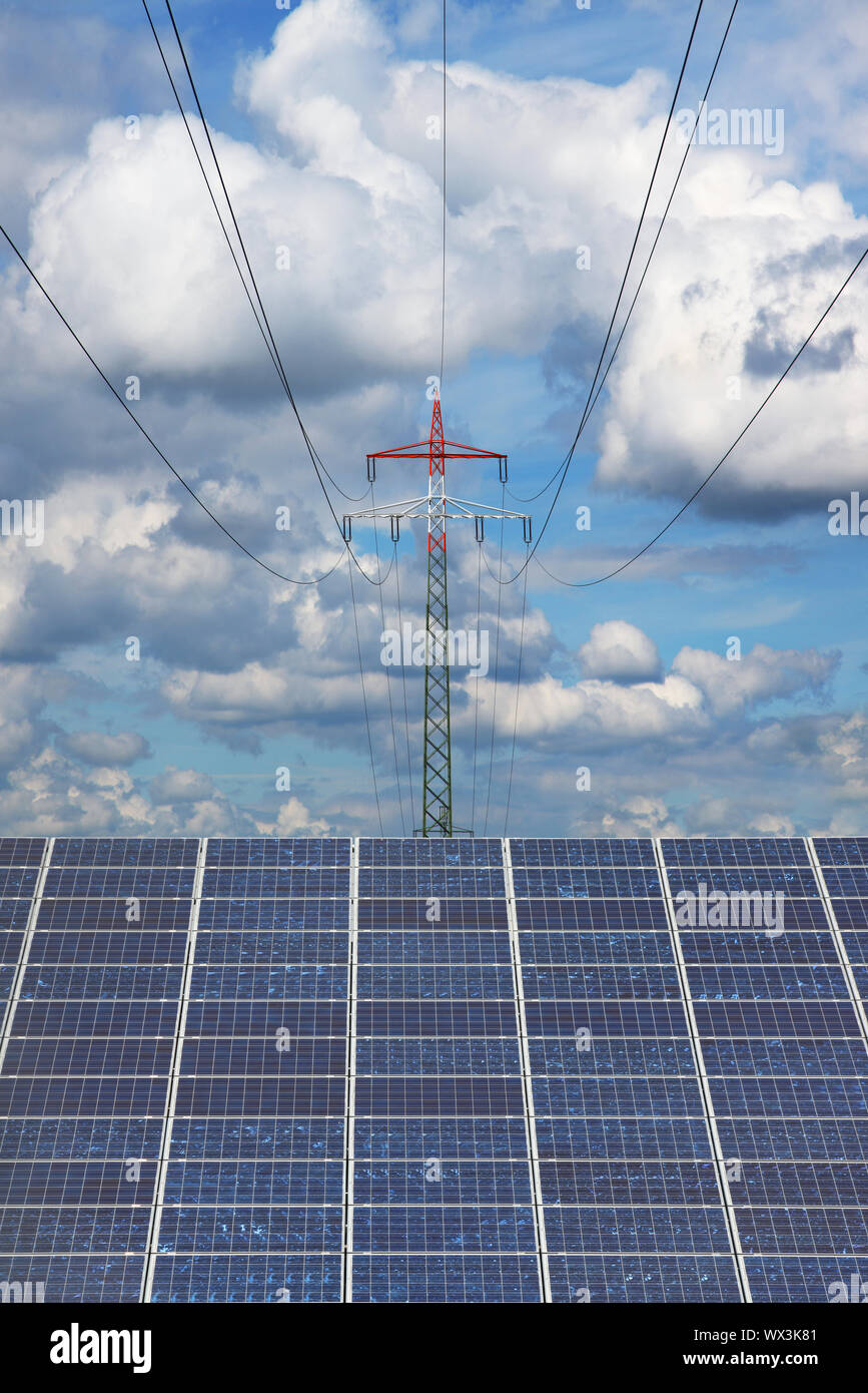 Symbol picture with photovoltaic system Sun and power pole Stock Photo ...