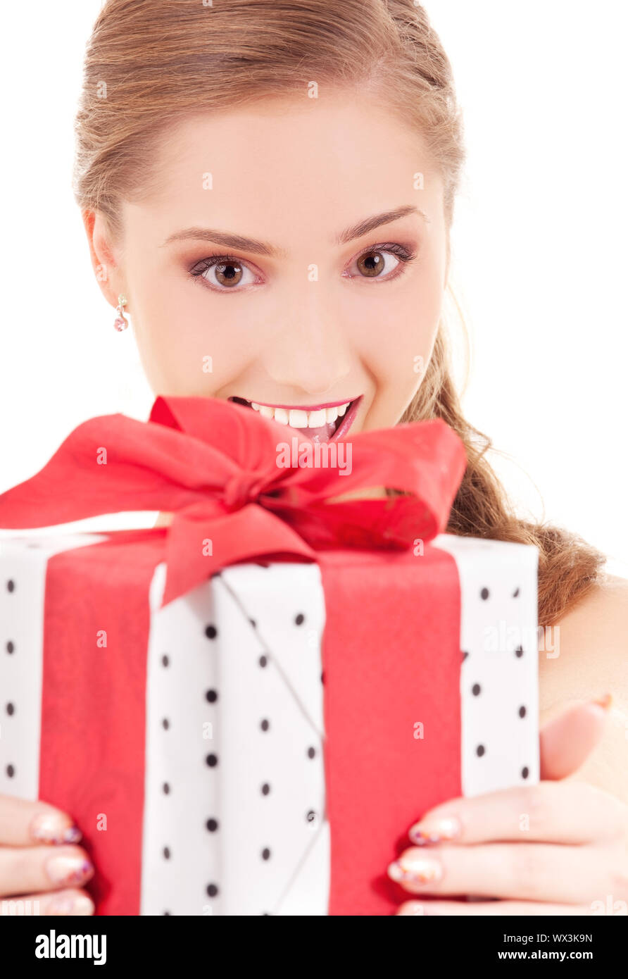happy girl with gift box over white Stock Photo - Alamy