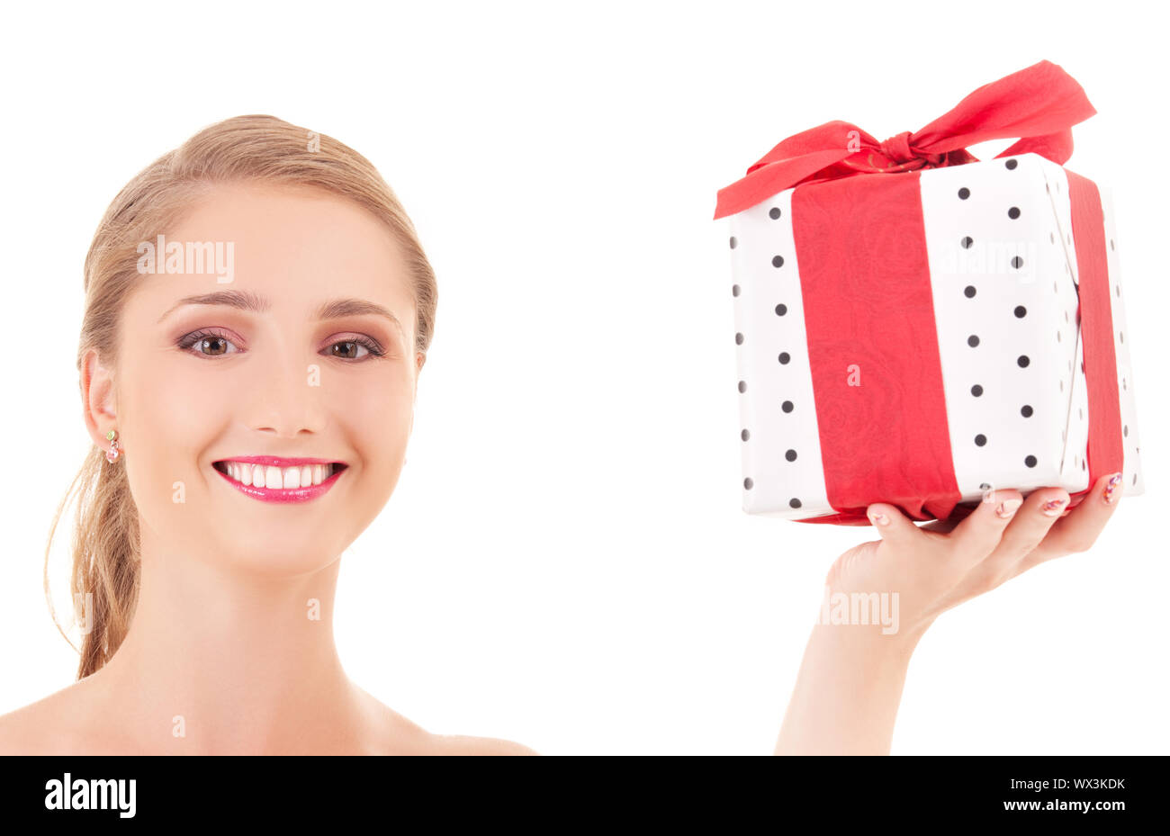 happy girl with gift box over white Stock Photo - Alamy