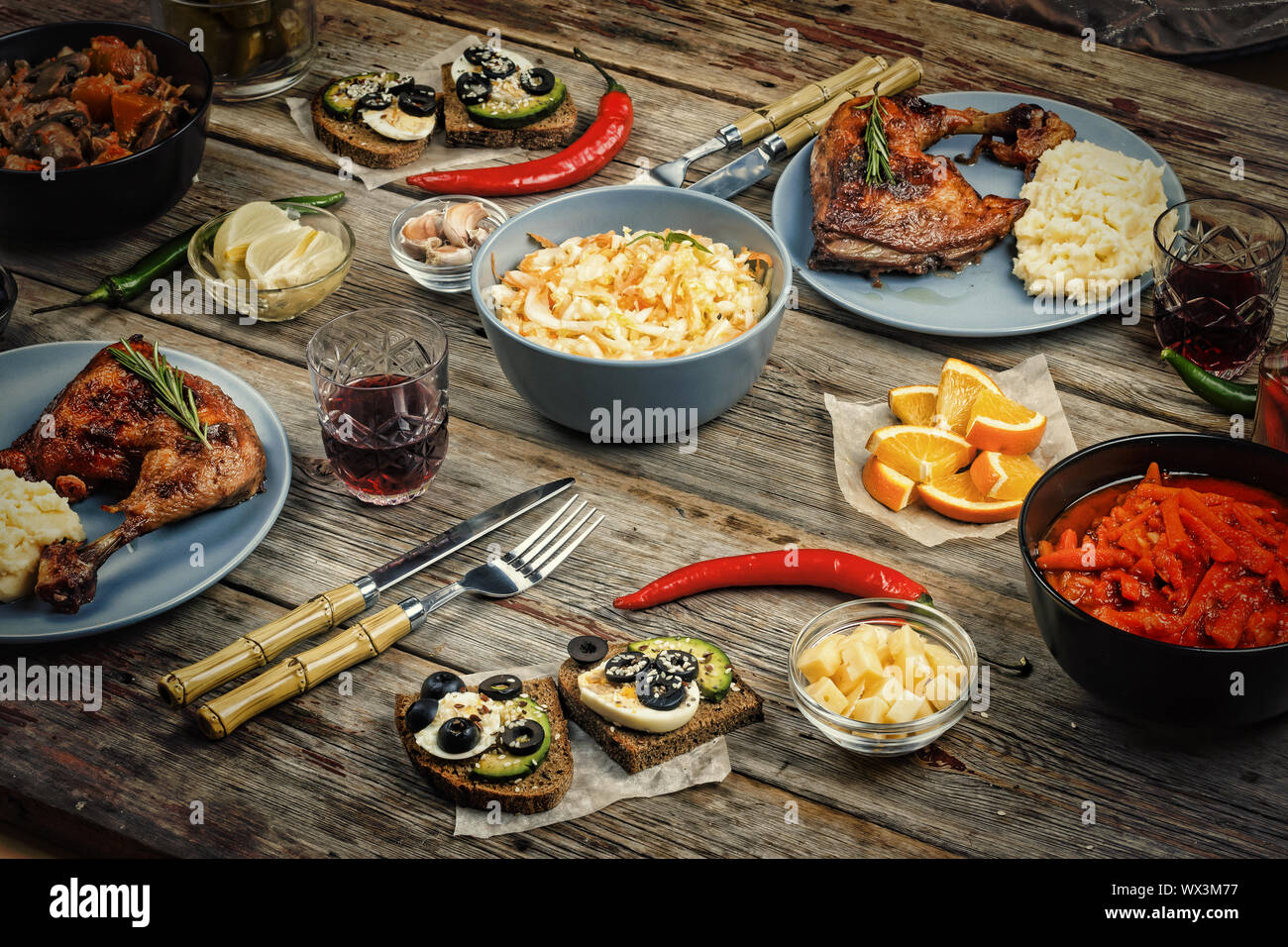 American cuisine, Dinner table, Roast chicken, stewed mushrooms Stock ...
