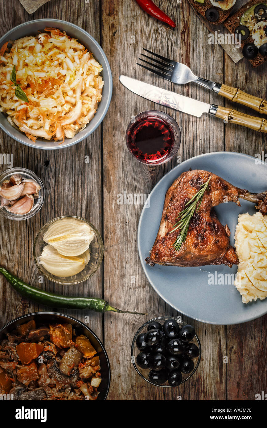 American cuisine, Dinner table, Roast chicken, stewed mushrooms Stock ...